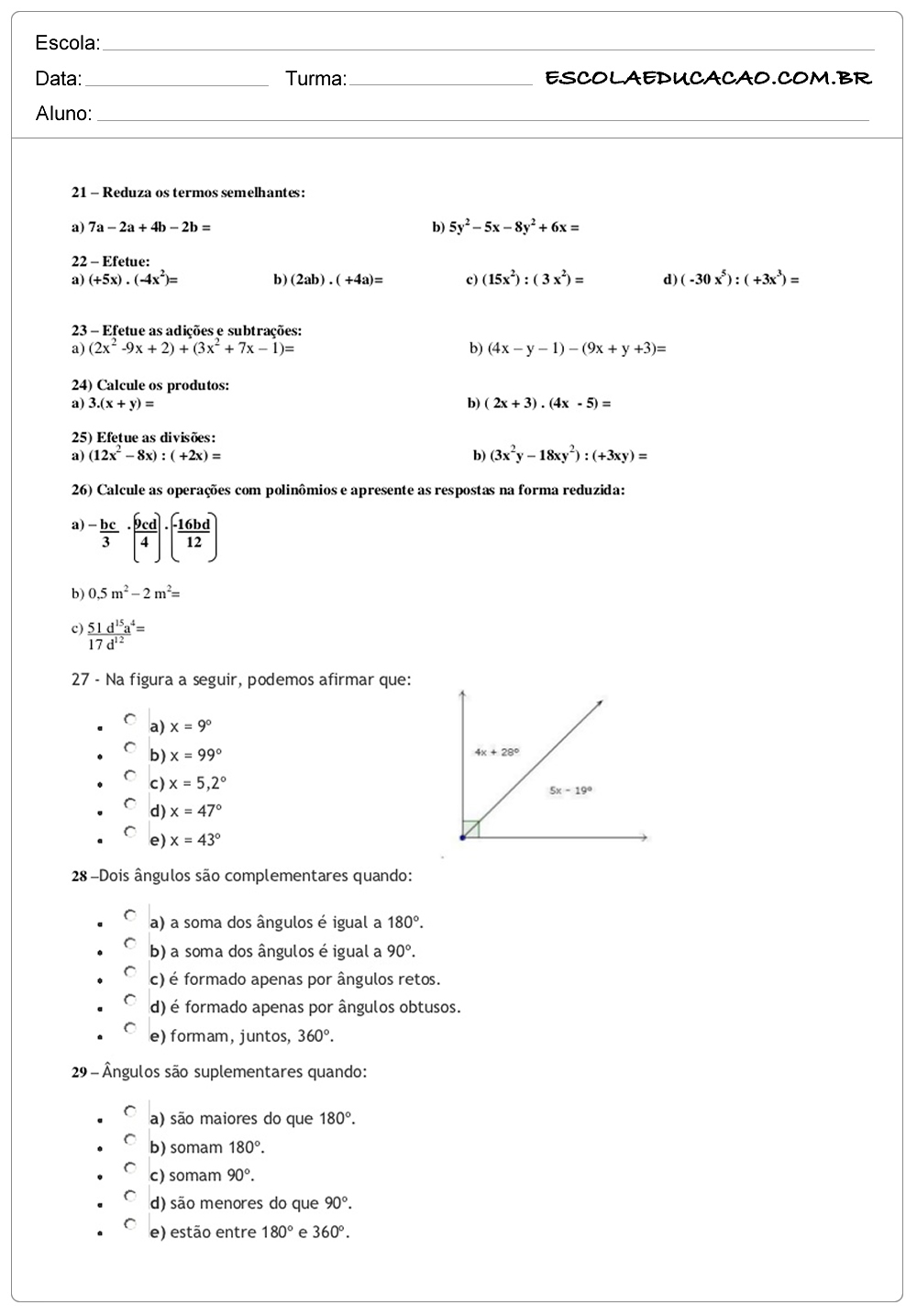 Atividades de Matemática 8º ano - Escola Educação