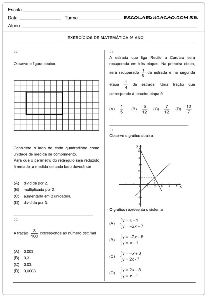 Atividades de Matemática 9º ano - Atividades Educativas - Escola Educação