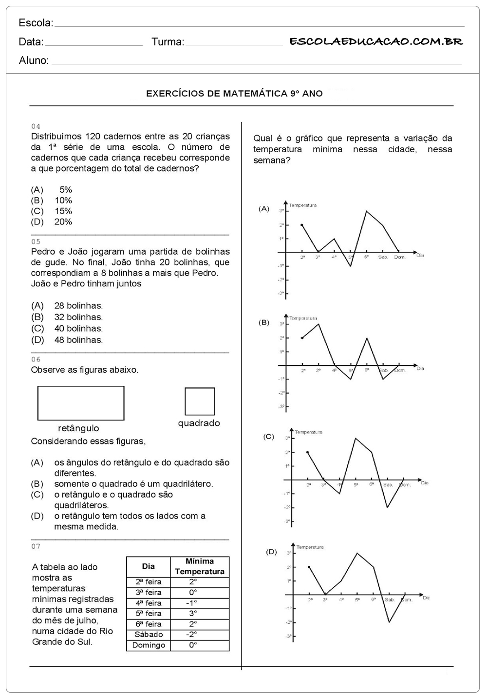 Atividades de Matemática 9º ano - Atividades Educativas - Escola Educação