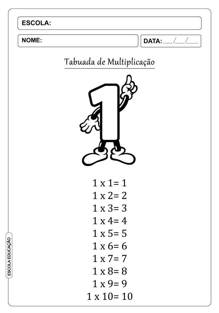 Tabuada de multiplicação para imprimir - Escola Educação