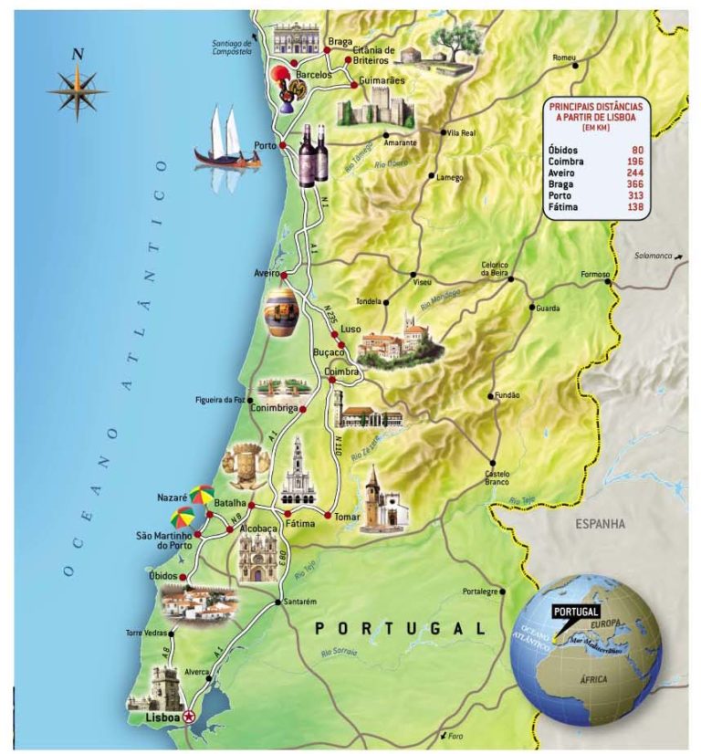Mapa de Portugal - Político, Portugal e Espanha, cidades e turístico